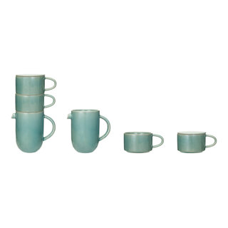 Round Stoneware Pitcher With Stackable Mugs and Lid, Aqua ...