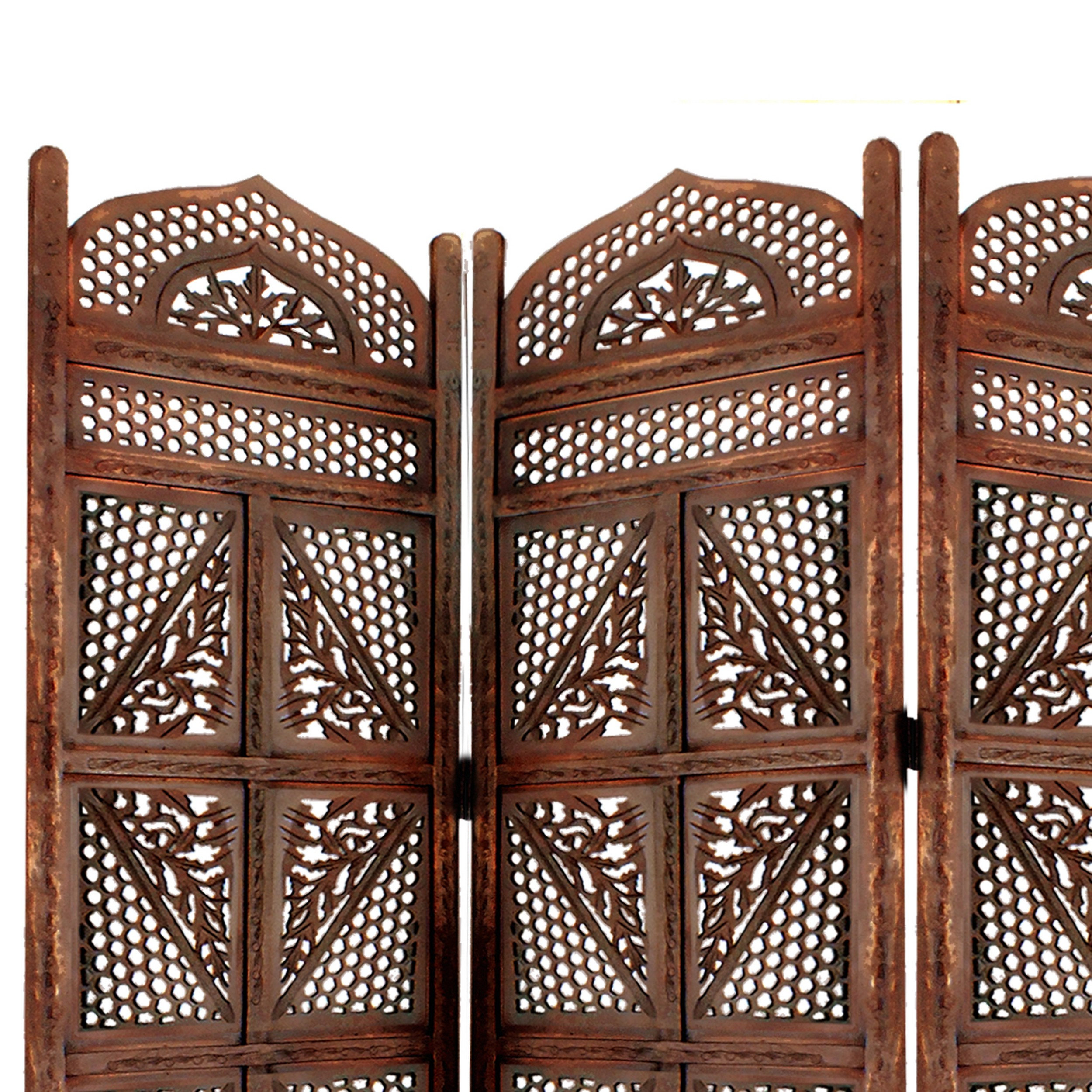 Traditional 4 Panel Wooden Room Divider With Hand Carved Details ...
