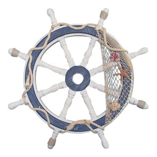 24" Distressed White and Blue Wood Ship Wheel - Beach Style - Wall ...