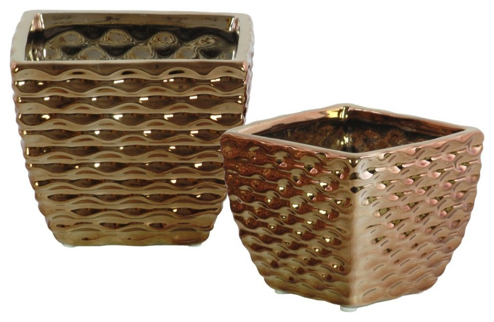 Ceramic Square Vase with Embossed Wave Pattern, Set of 2, Copper ...