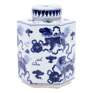 Handmade Hexagonal Lion Ceramic Jar - Asian - Decorative Jars And Urns ...