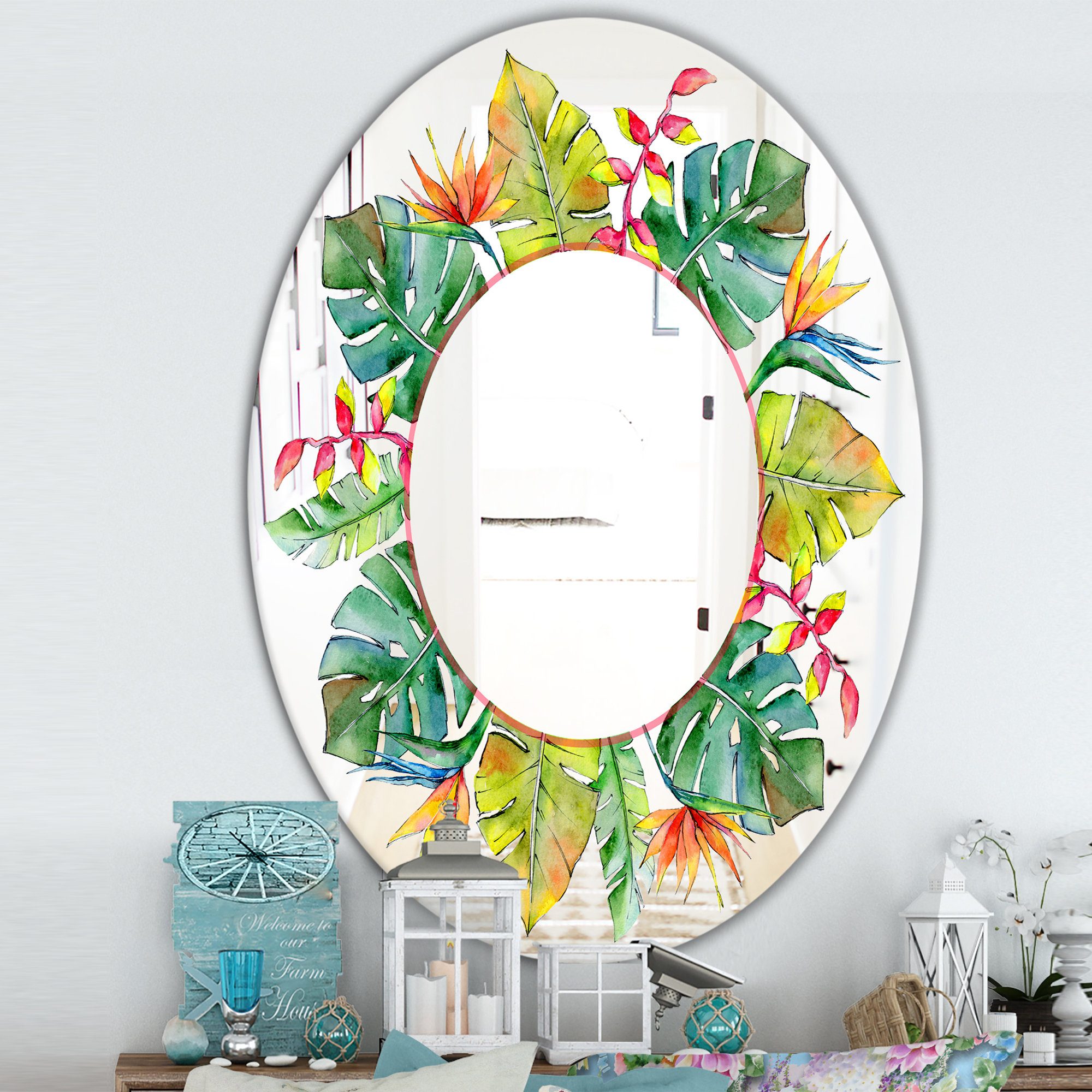 Designart Tropical Hawaii Leaves a Cabin Lodge Oval Or Round Decorative ...