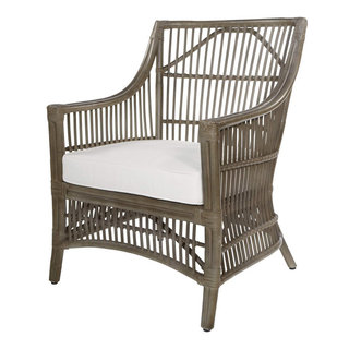Tropical Accent Chair with Grey Padded Seat Cushion and Slatted Rattan ...