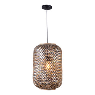 Walker 1 Light Pendant, Rattan and Black, Casual, 21" Height, 13" Width ...