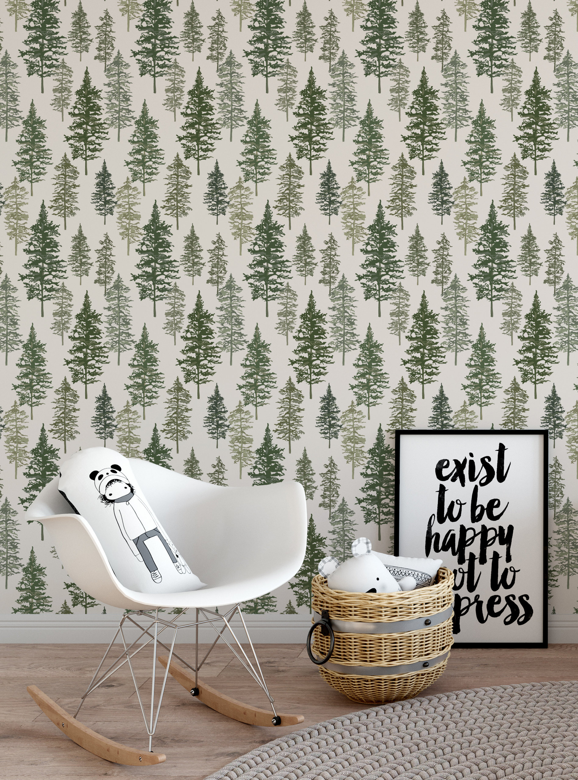 Illustrated Evergreen Forest Peel and Stick Vinyl Wallpaper, 24" X 60 ...