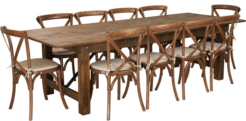 9'x40'' Antique Rustic Folding Farm Table Set,10 Cross Back Chairs and ...