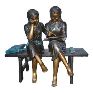 Two Schoolgirls Sitting On a Bench Bronze Statue - Size: 45"L x 24"W x ...