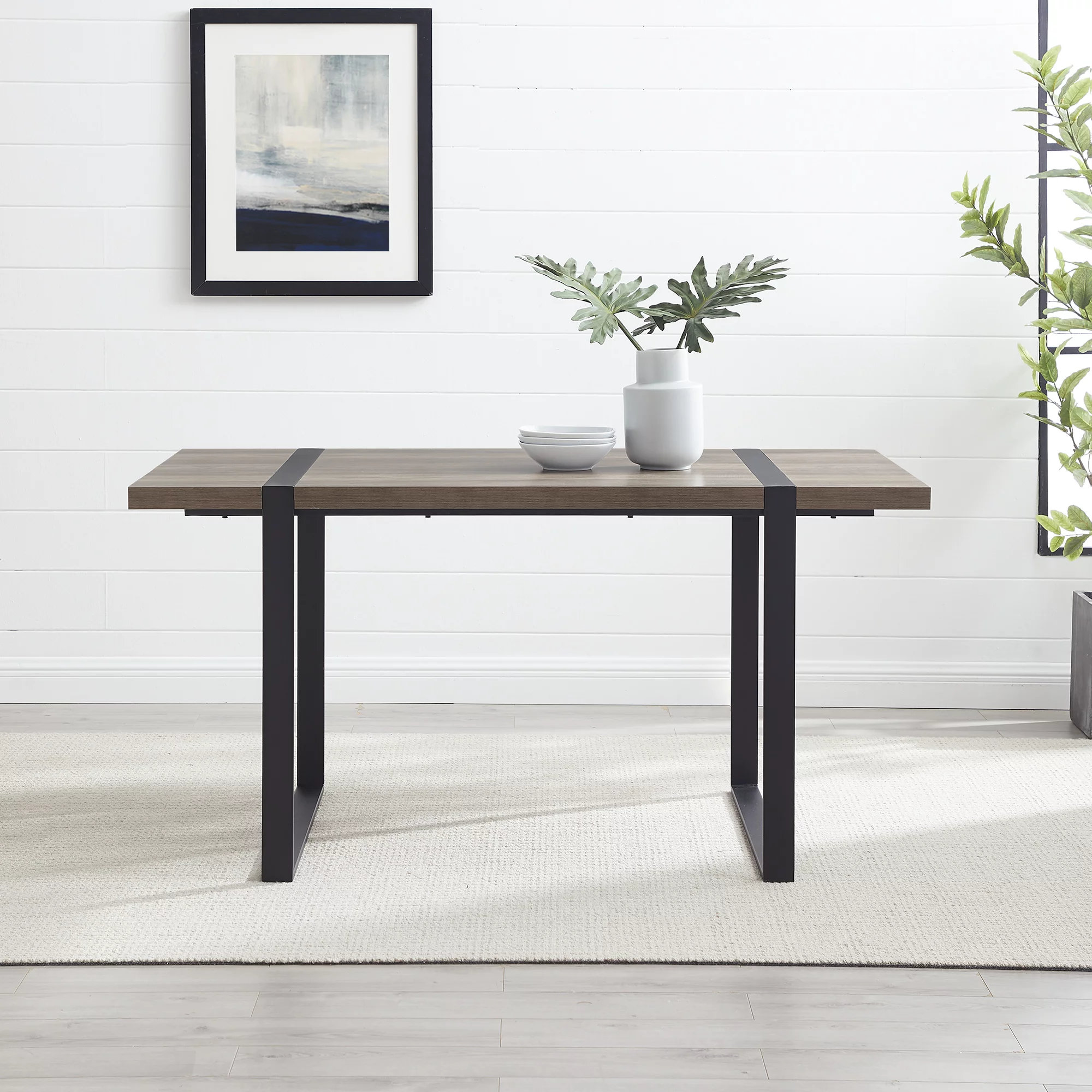 Farmhouse Dining Table, Square Metal Base With Rectangular Table Top ...