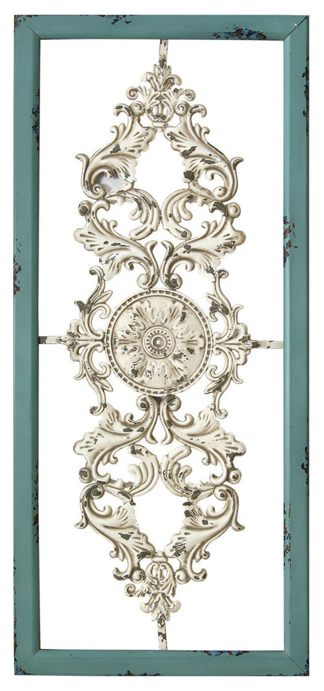 HomeRoots Distressed White and Turquoise Framed Scroll Metal Panel ...