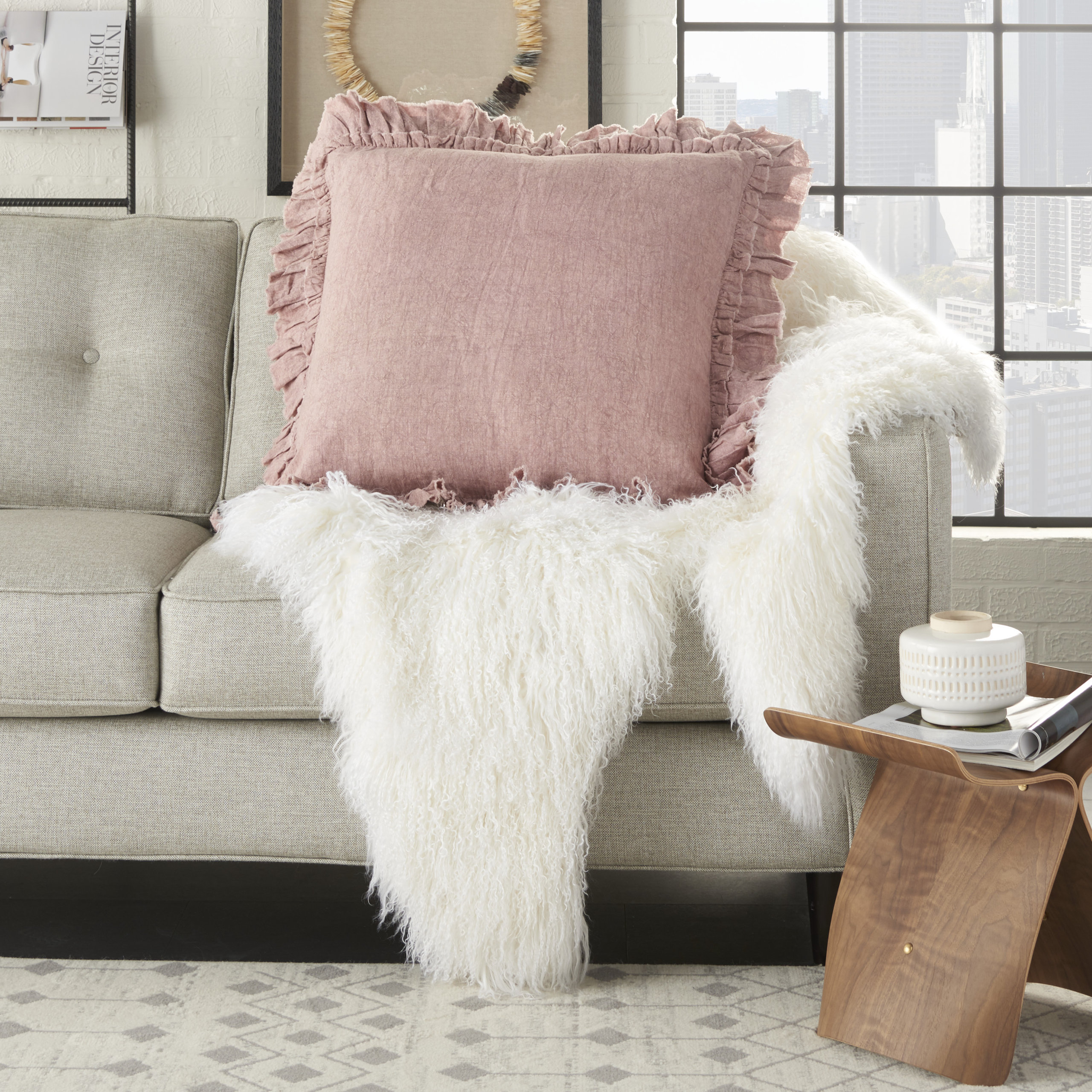 Mina Victory Sofia Linen Frilled Border 24" x 24" Blush Indoor Throw Pillow, 24" X 24 ...