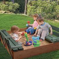 Covered Convertible Cedar Sandbox With Two Bench Seats, Natural/Green ...