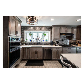 Neutral Monochromatic Gray Kitchen with Tiled Backsplash - Transitional ...