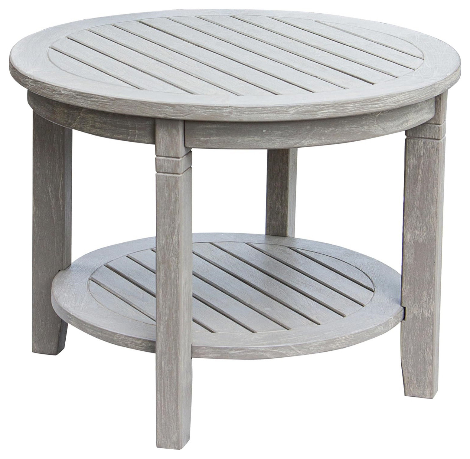 Weathered Teak Patio Table with Storage Shelf and 24-Inch Round Top ...