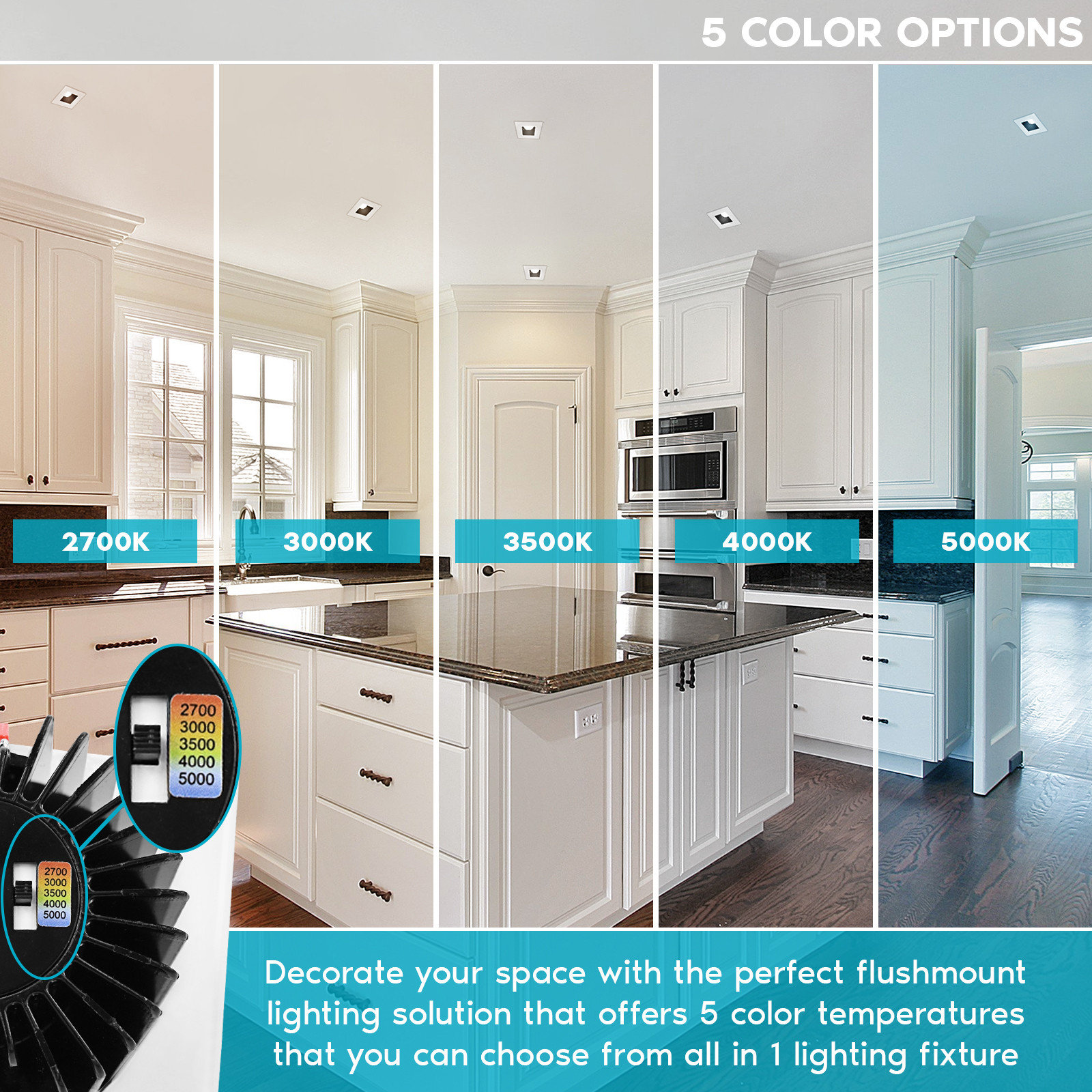 Luxrite 4" Square LED Recessed Light 5CCT 1100lm White Black Trim 4PK ...