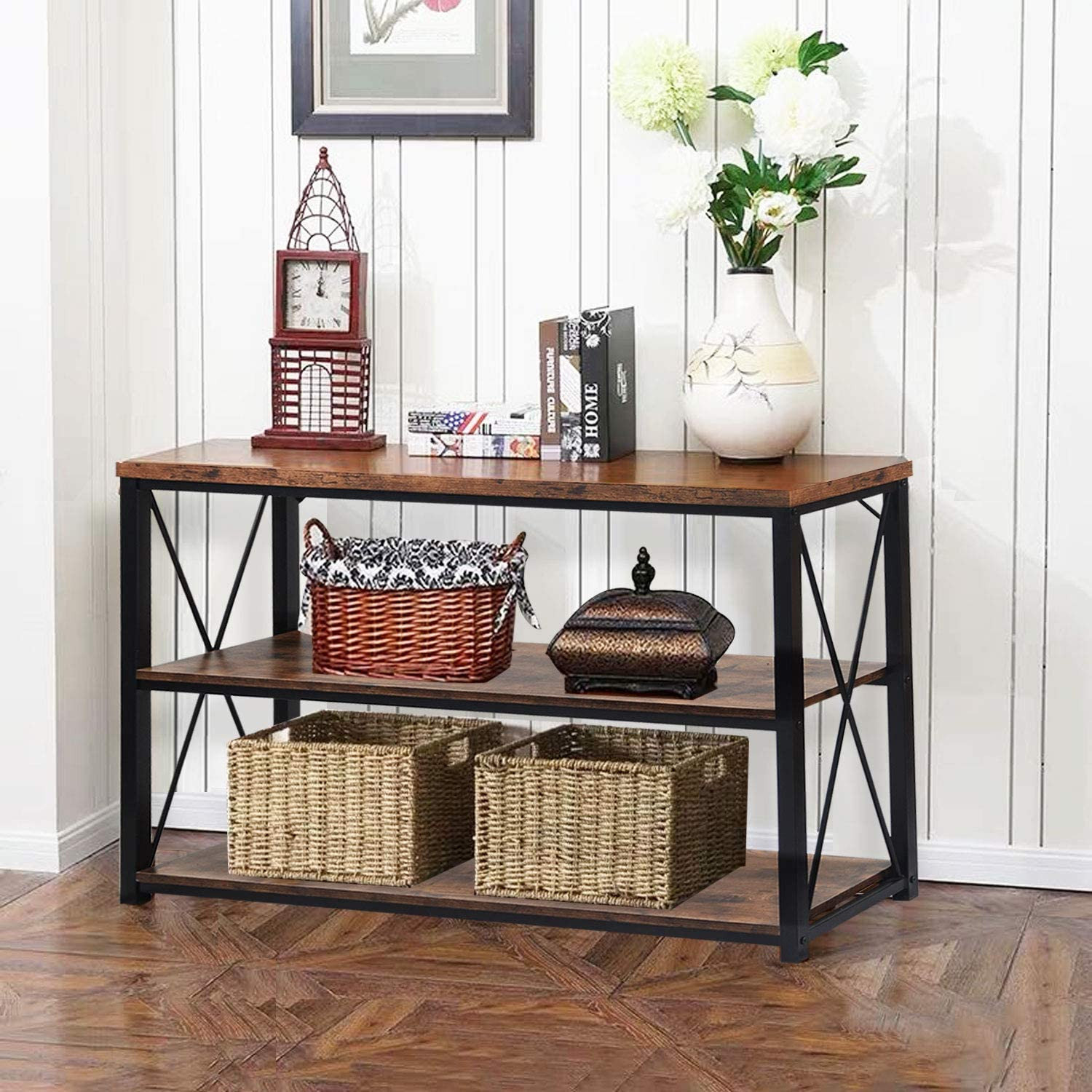 Rustic Industrial 3-Tier Console Table with Storage Open Bookshelf ...
