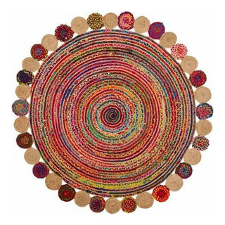 Bohemian Handwoven Braided Round Rug, Multi-Color Cotton and Natural ...