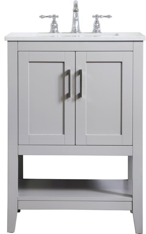 Elegant Gray Vanity With Quartz Top, Single - Transitional - Bathroom ...