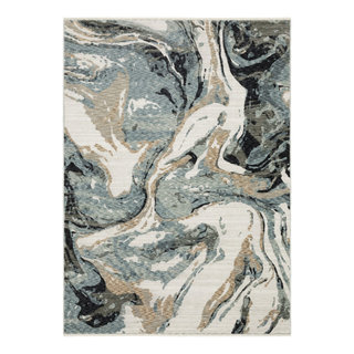 Easely Modern Abstract Elements Steel Blue/ Ivory Area Rug, 2'3" x 7'6 ...