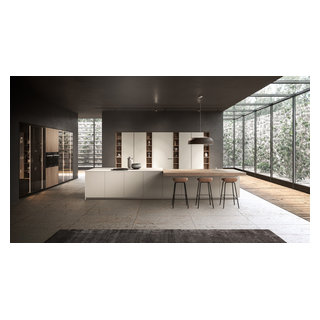 Matte White and Wood Kitchen Cabinets with Pantry Black Metal Frame ...