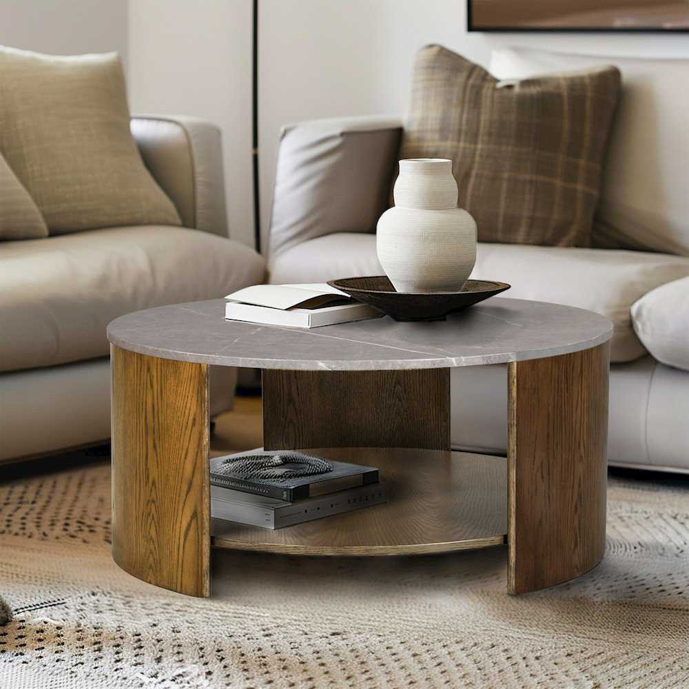 Round Mixed Material Coffee Table with Shelf - Transitional - Bar ...