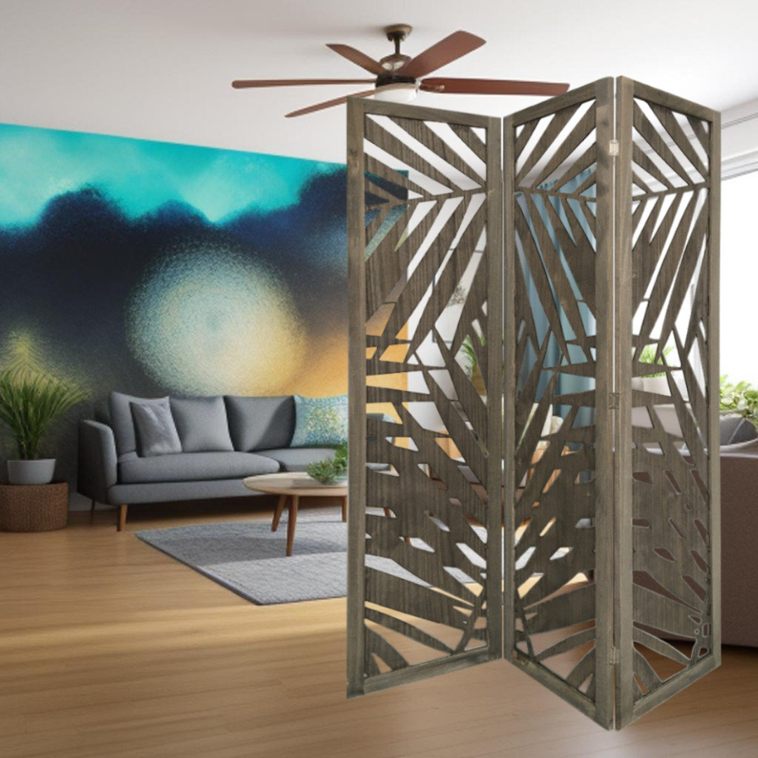 67" Gray Solid WoodFolding Three Panel Screen Room Divider - Tropical ...