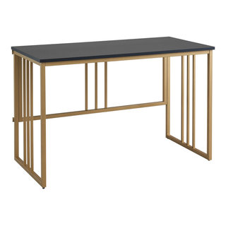 Rectangular Desk, Golden Metal Frame With Slatted Accents & Matte Black ...