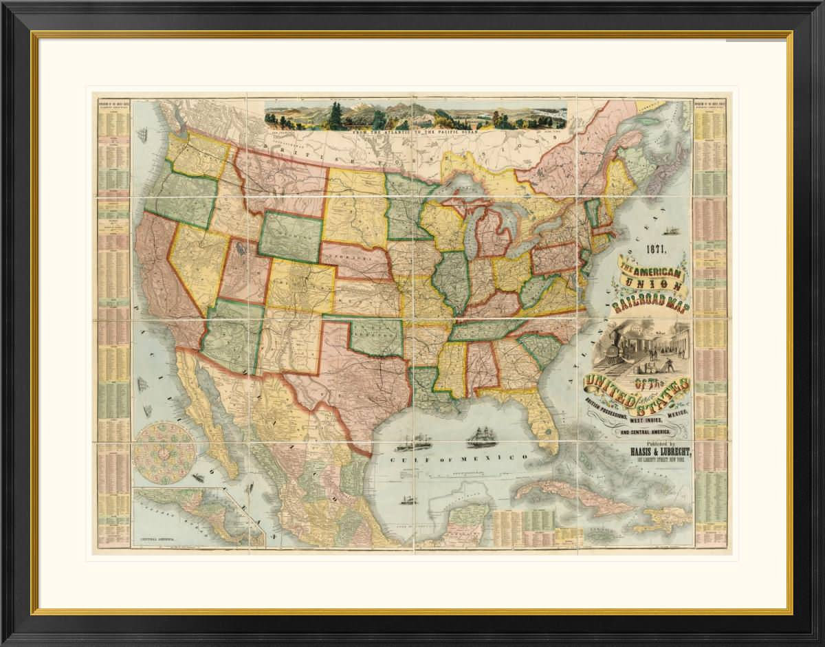 American Union Railroad Map Of The United States, 1871, 26"x1.5"x22 ...