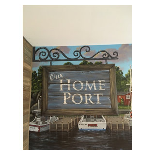 New England Harbor Town Mural, hand painted throughout a lower level ...