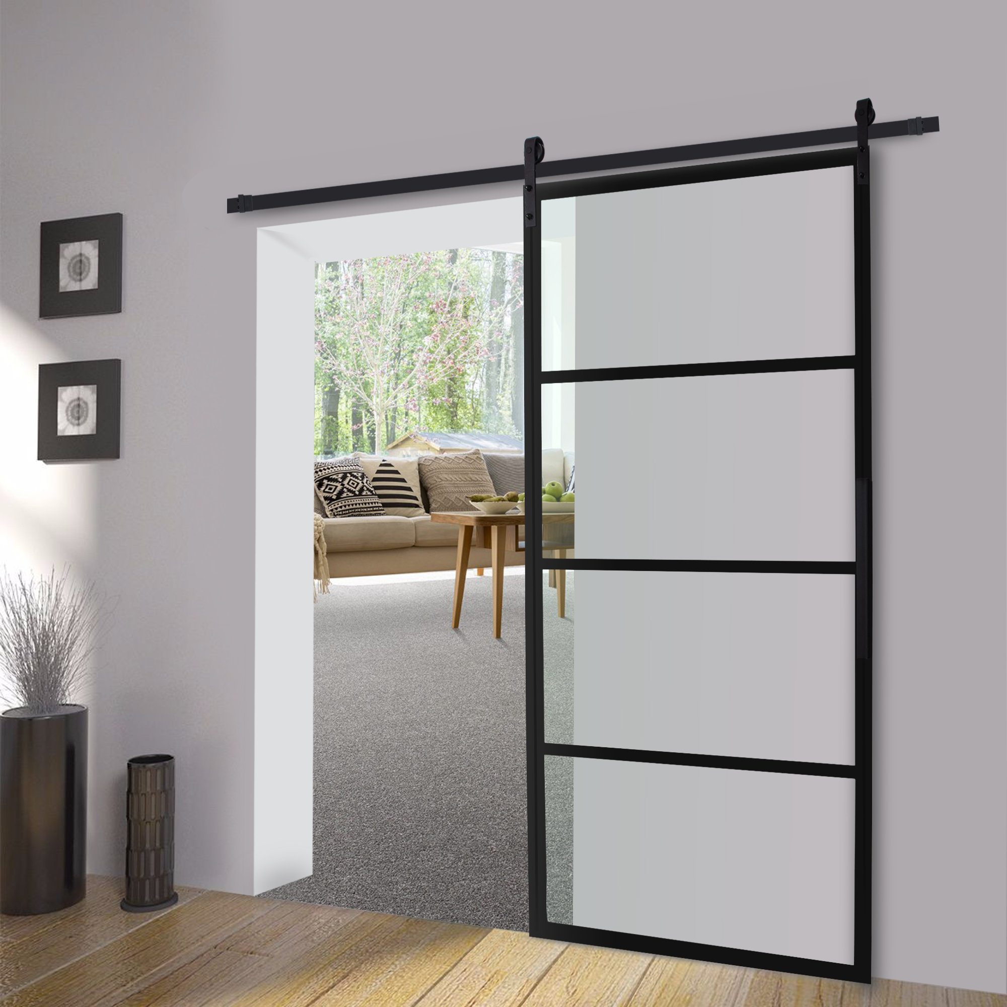 36 Inchx84" DIY Sliding Interior Barn Door, Metal & Glass Panels, Black ...