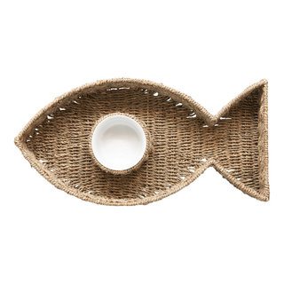 Hand-Woven Seagrass Fish Shaped Chip & Dip with 8oz. Ceramic Bowl, Set ...