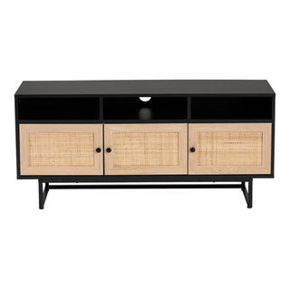 Baxton Studio Declan Espresso Brown Wood and Natural Rattan 3-Door TV ...