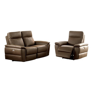 2-Piece Obara Power Double Recliner Love Seat, Chair Leather Brown ...