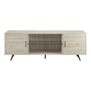 Retro Modern TV Stand, Angled Legs With Side Cabinets & Glass Shelf ...