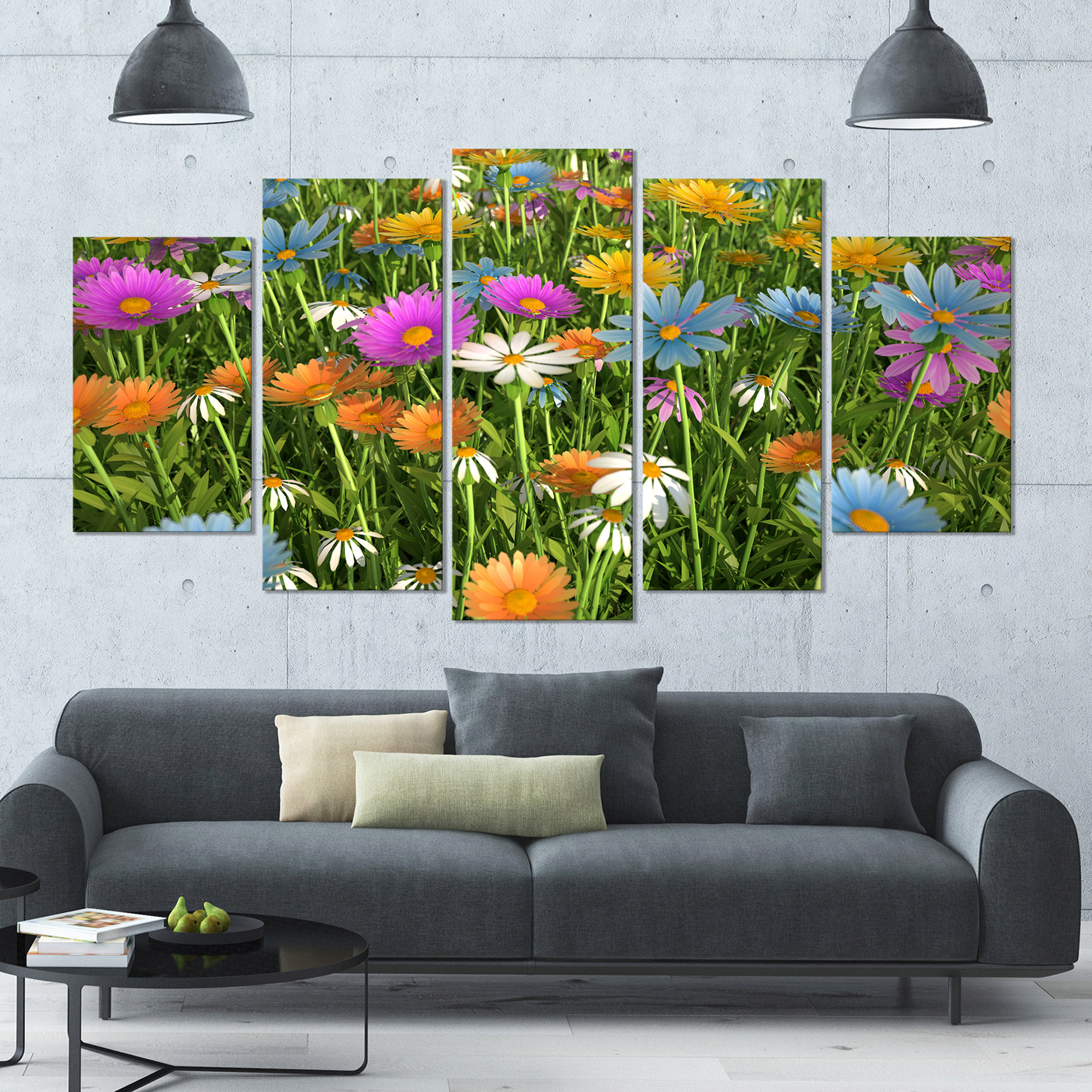 Different Color Flowers in Field, Multipanel Floral Canvas Art Print ...