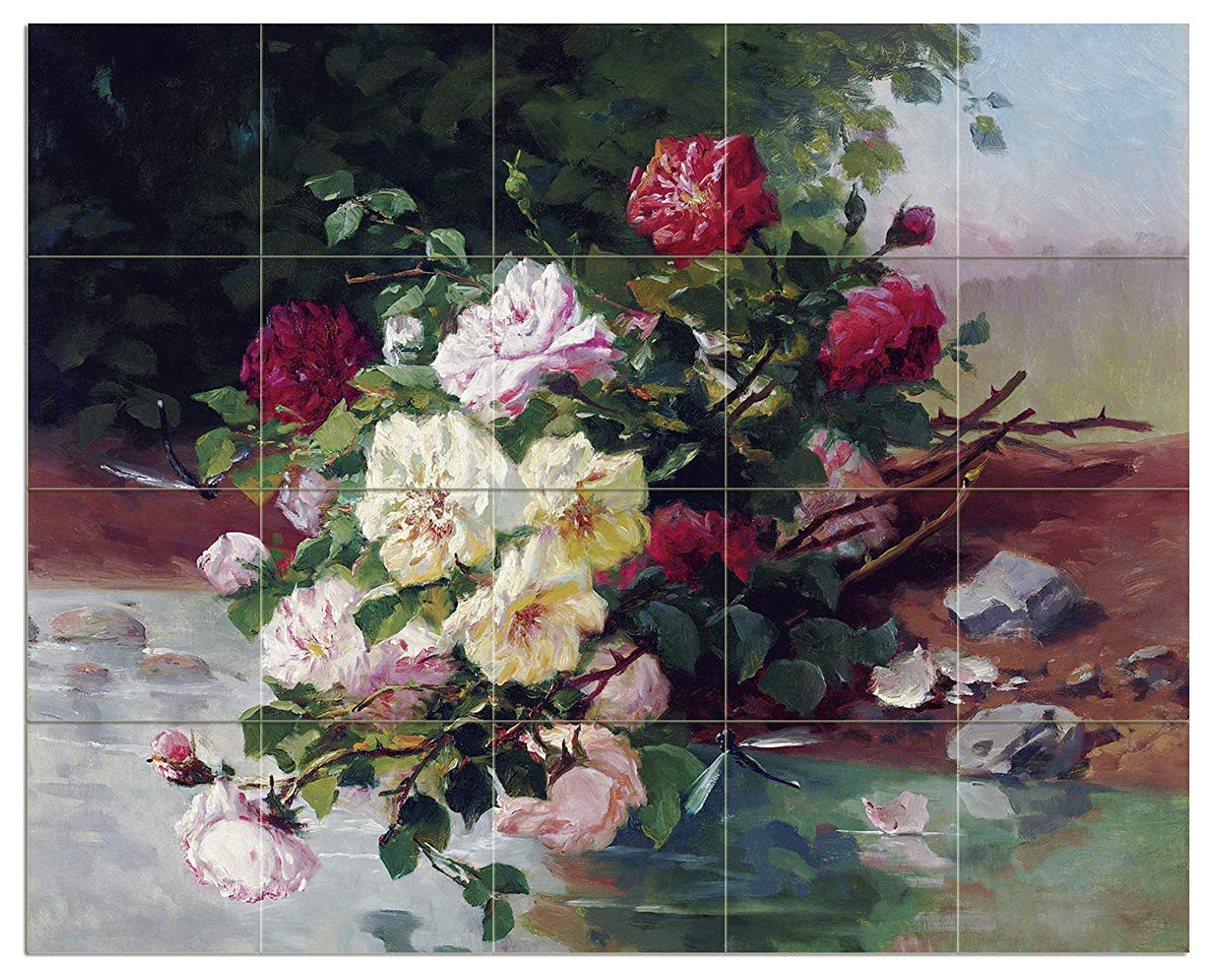 Tile Mural FLOWERS BY A STREAM water river Backsplash, 4.25" Ceramic ...