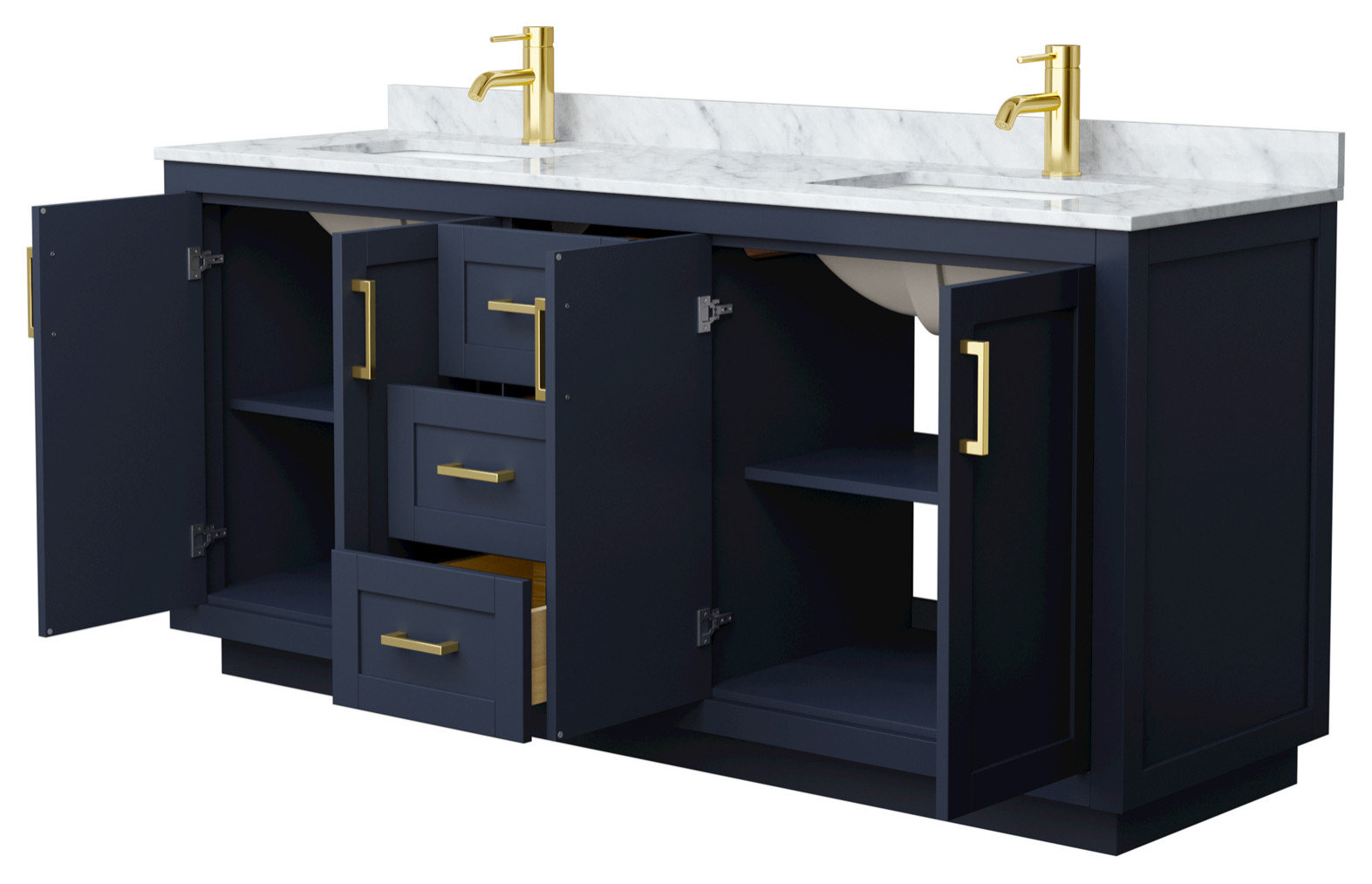 Miranda 72" Double Vanity, Dark Blue, Top, Square Sinks, Brushed Gold ...