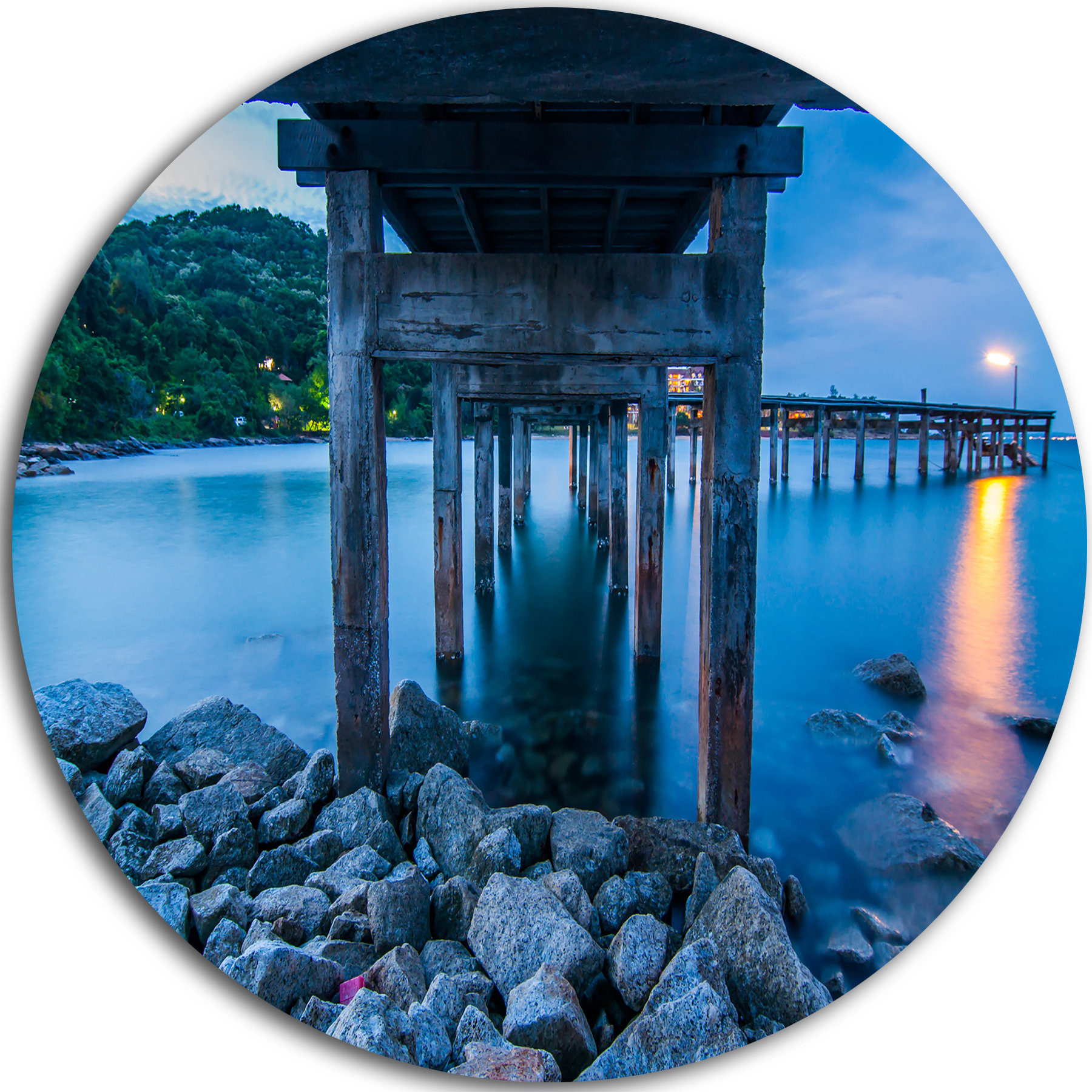 Under Wood Bridge At Twilight, Sea Bridge Disc Metal Wall Art, Disc of ...