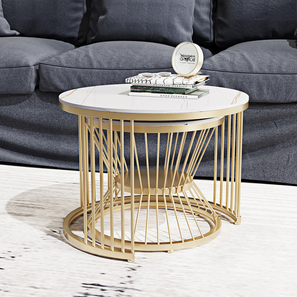 Modern White Nesting Coffee Tables Round Set of 2 With Stone Top ...