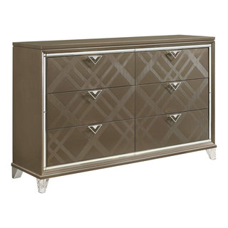 Elegant Dark Champagne Wood Dresser with Mirrored Trim and Six Drawers ...