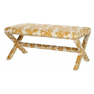 Unique Upholstered Bench with Crossed Legs and Leaf Pattern Upholstery ...