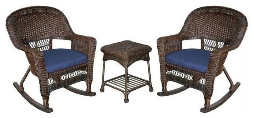 Jeco 3pc Wicker Rocker Chair Set in Espresso with Brown Cushion ...