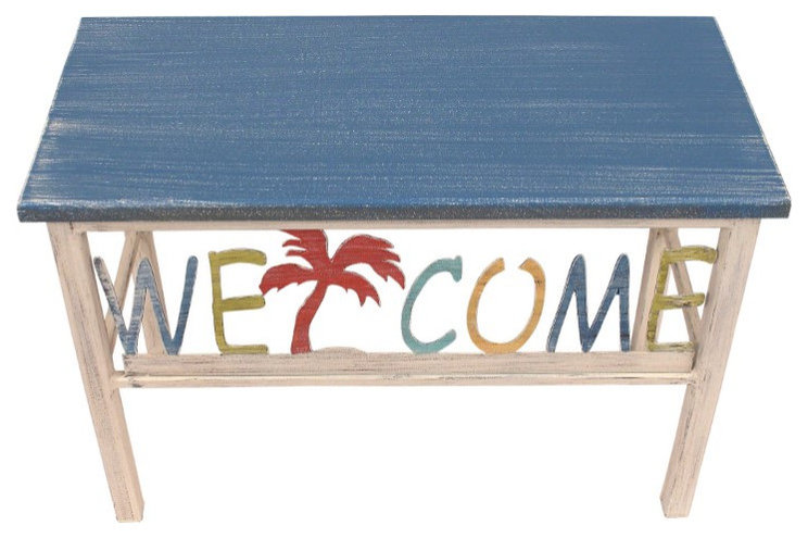 Cottage Iron and Fun Color Palm Tree Welcome Bench With Weathered Blue ...