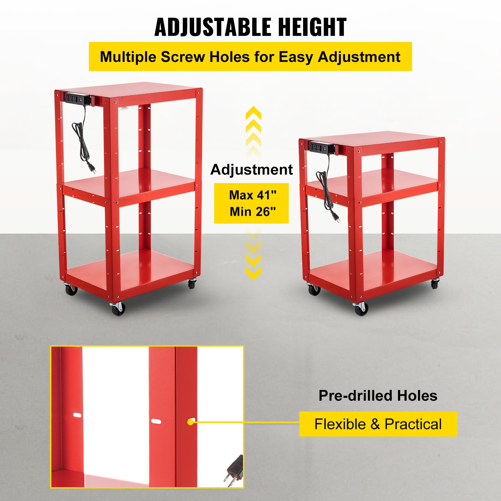 VEVOR Steel AV Cart Media Cart With Cord Management 26-41" Height ...
