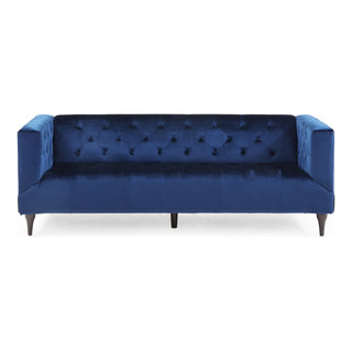 Contemporary Sofa, Midnight Blue Velvet Seat With Diamond Shaped Button ...
