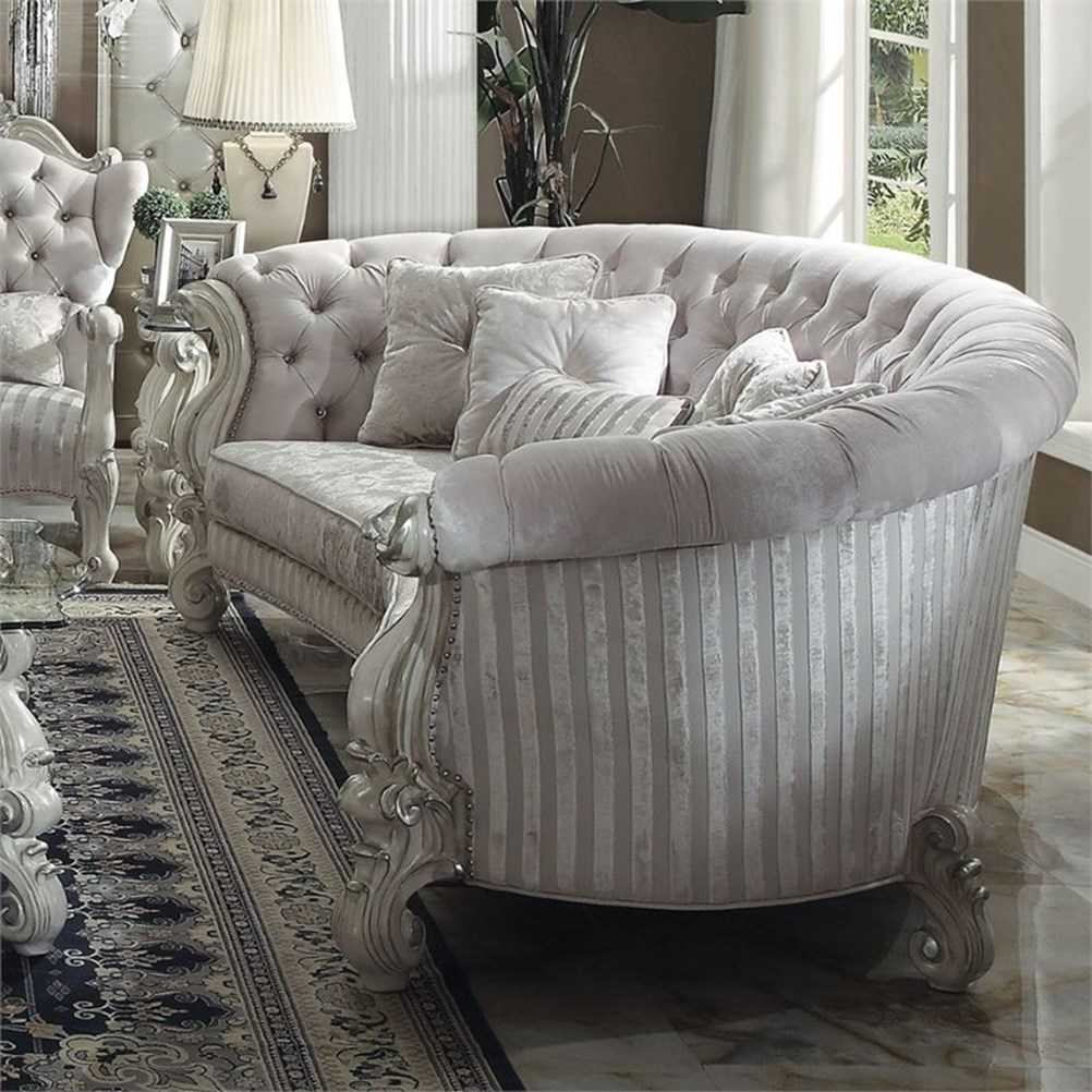 ACME Versailles Sofa with 5 Pillows in Ivory Velvet and Bone White ...