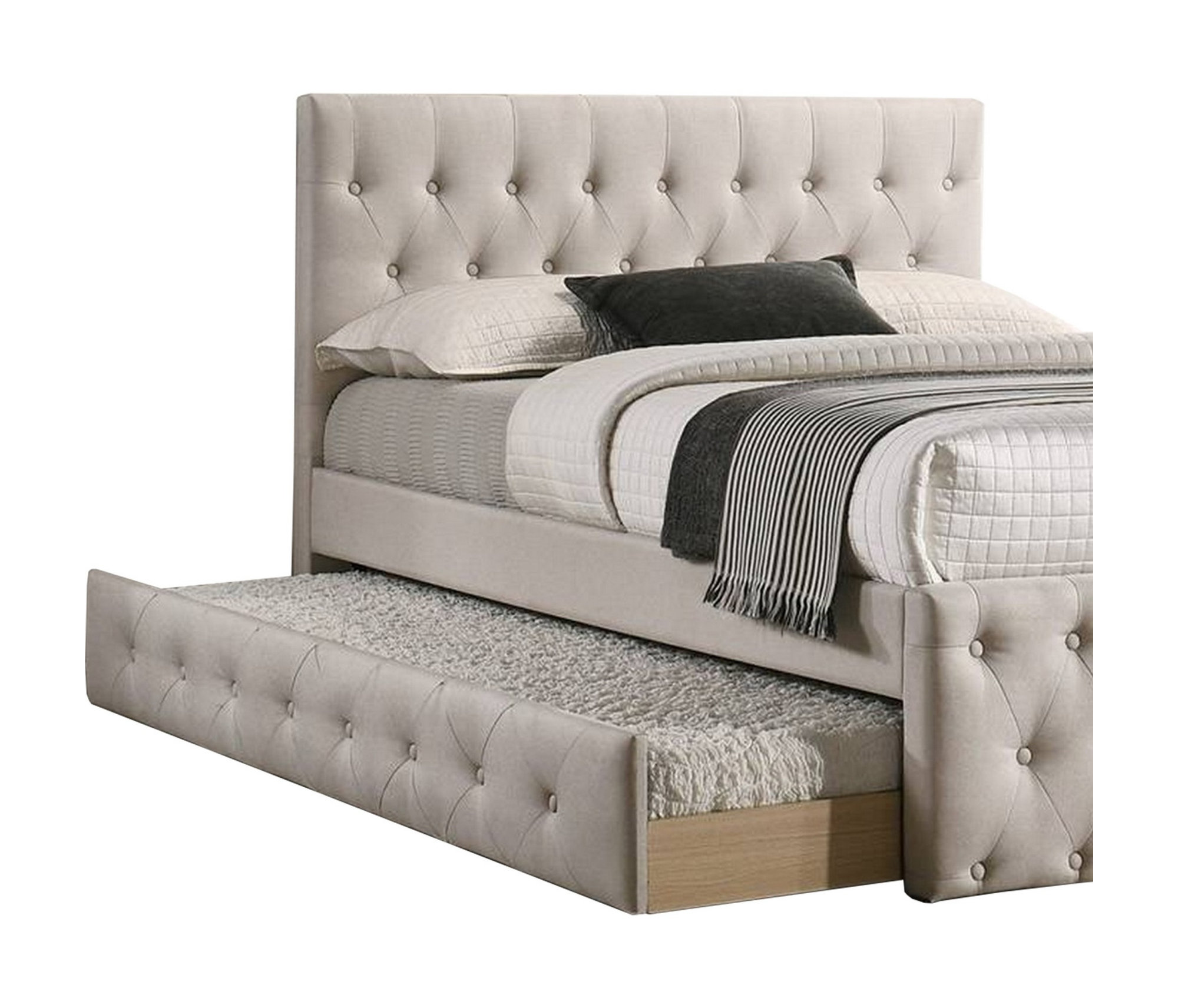 Nek Wood Twin Size Upholstered Bed with Trundle, Tufted, Taupe Burlap ...
