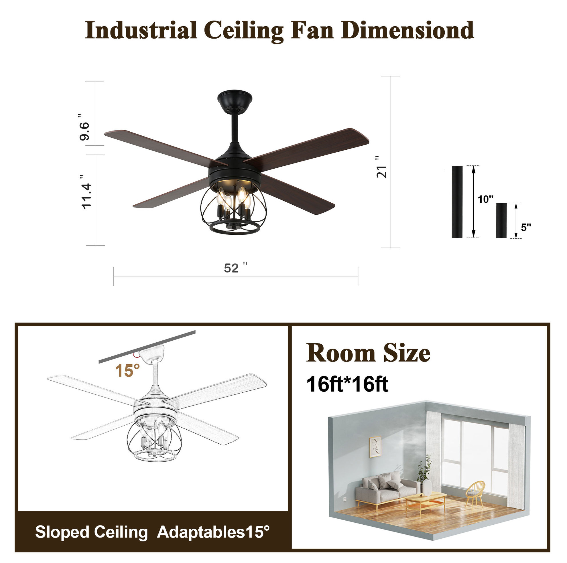 52" Farmhouse Wood Ceiling Fan with Remote and Light,6-Speed Rustic ...