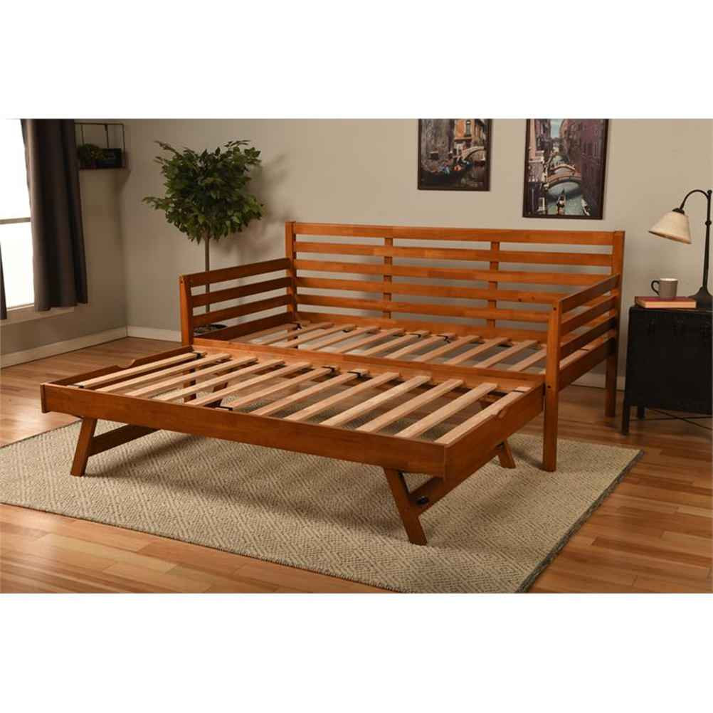 Bowery Hill Wood Daybed/Pop Up Bed in Brown w/ Linen Mattress ...