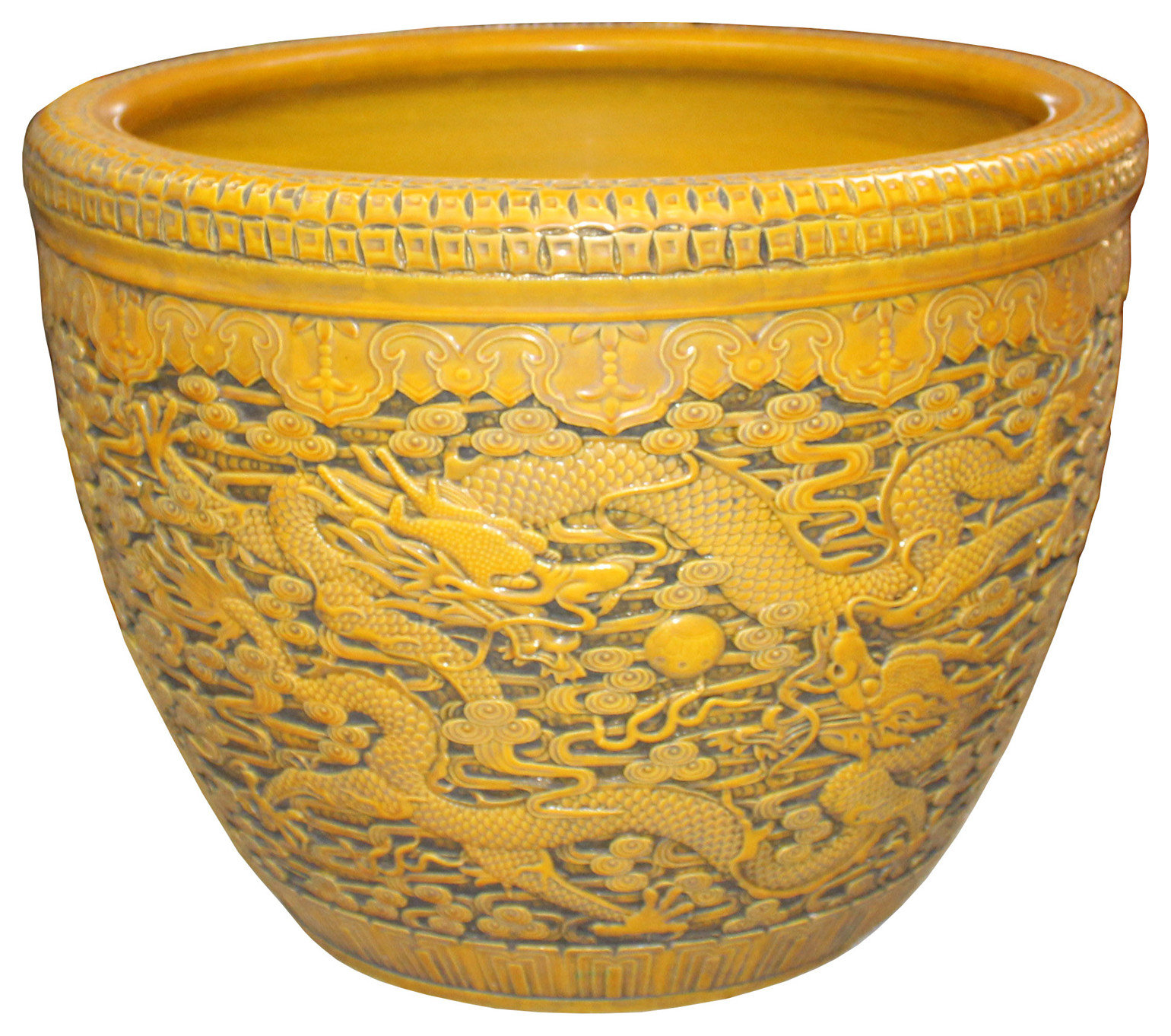 Chinese Ceramic Dragons Relief Motif Yellow Brown Color Pot Planter ...