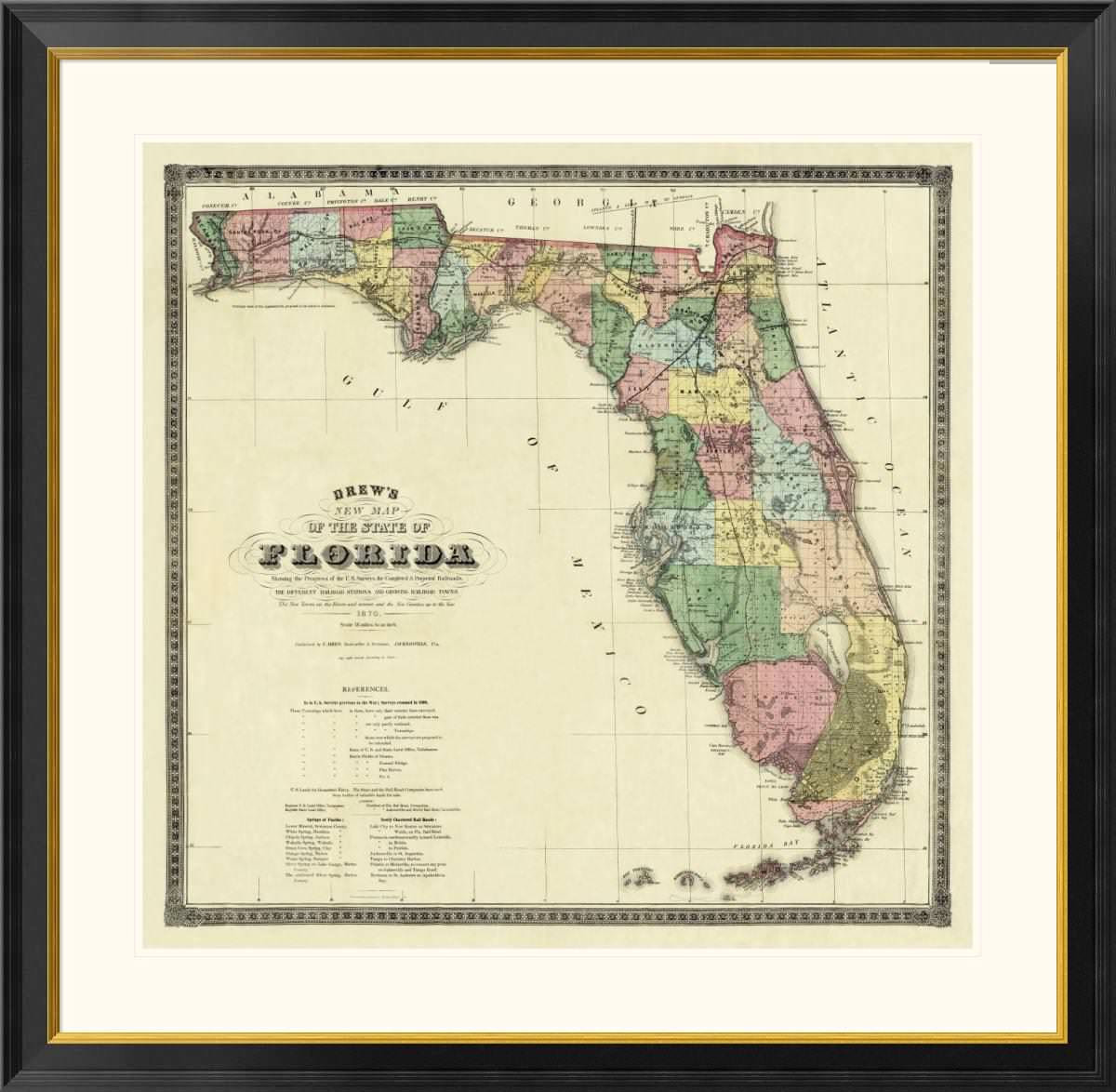 "New Map of The State of Florida, 1870" Framed Print by Columbus Drew ...